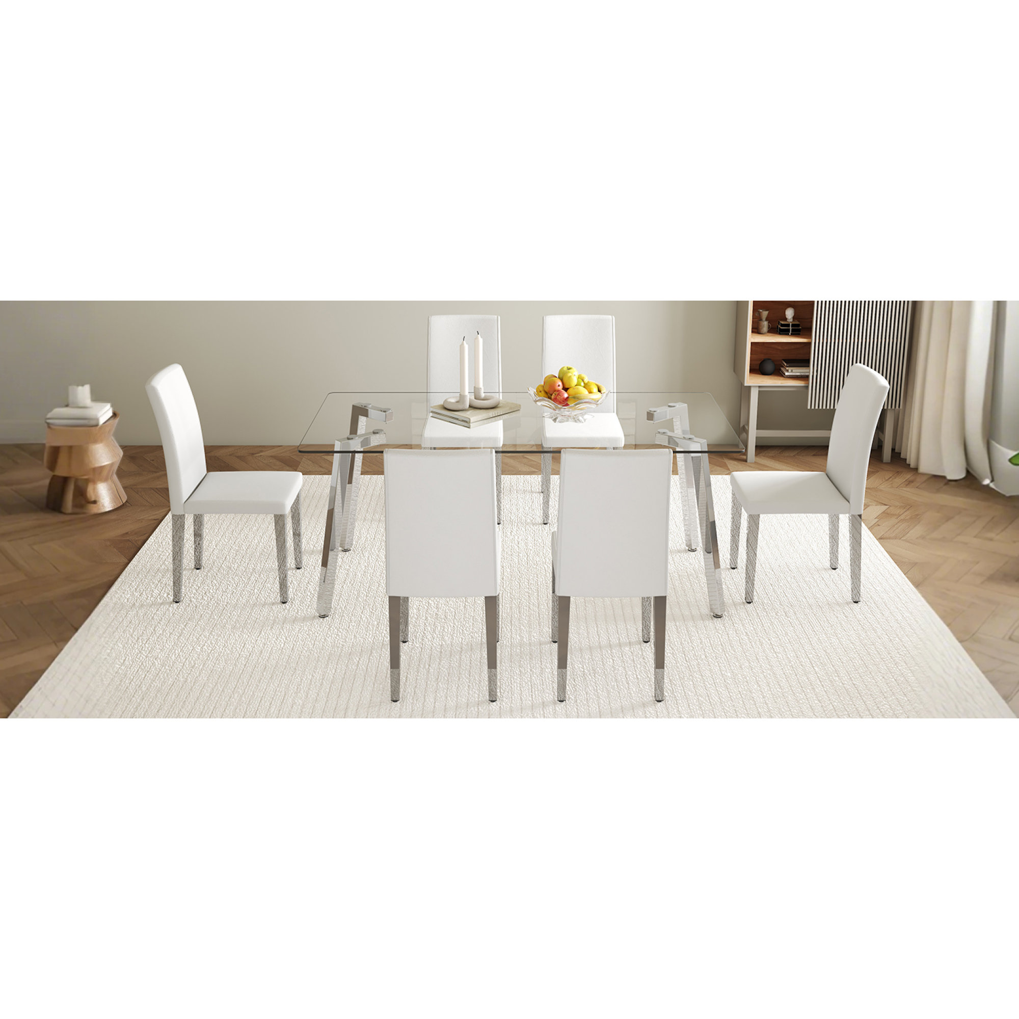 Wrought Studio™ Elegant 71" Rectangular Dining Table Set With Tempered Glass Top & 6 White Pu ...